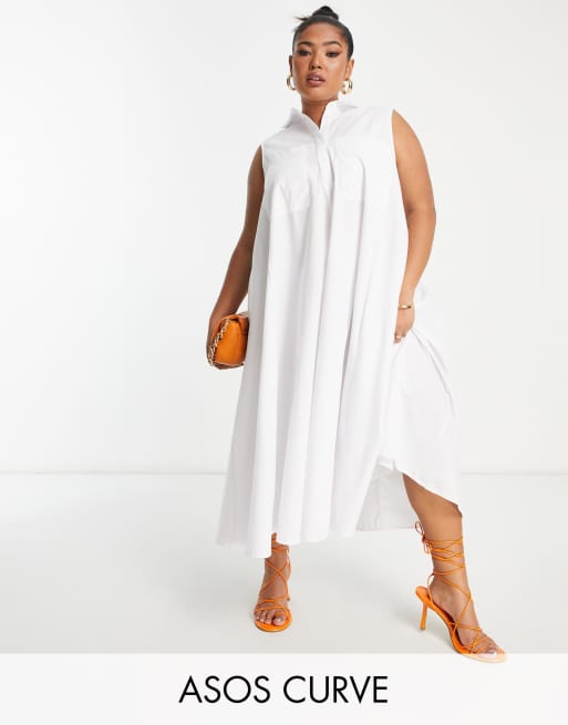 ASOS DESIGN Curve - Robe chemise mi-longue sans manches à poche fonctionnelle | ASOS
