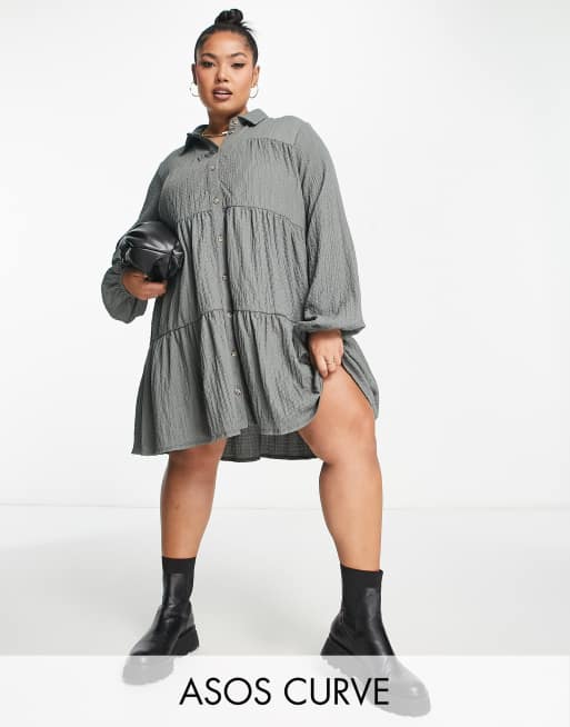 ASOS DESIGN Curve - Robe chemise texturée à manches longues et volants - Kaki | ASOS