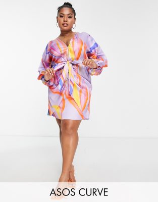 ASOS DESIGN Curve - Robe courte nouée sur le devant à décolleté plongeant et imprimé marbré ...