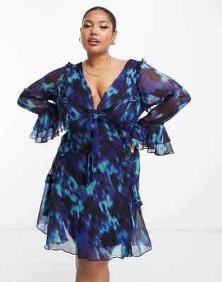 ASOS DESIGN Curve - Robe courte nouée sur le devant à imprimé abstrait et décolleté plongeant ...