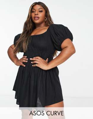 ASOS DESIGN Curve - Robe de plage courte tendance folk à épaules dénudées - Noir | ASOS