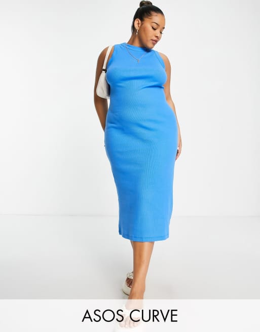 ASOS DESIGN Curve - Robe débardeur mi-longue en tissu nervuré à devant nageur - Bleu | ASOS