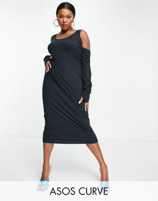 ASOS DESIGN Curve - Robe droite mi-longue côtelée avec mitaines ...
