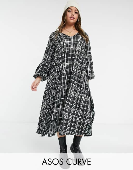 Asos Design Curve Robe Fluide Texturée Mi Longue à Col V Noir Et