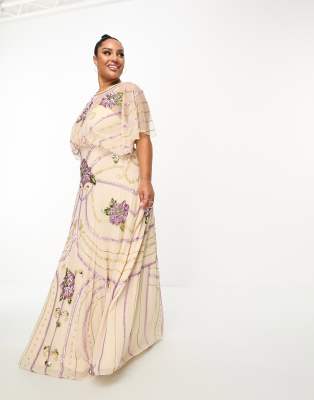 ASOS DESIGN Curve - Robe longue à fleurs et ornements avec manches chauve-souris - Crème | ASOS
