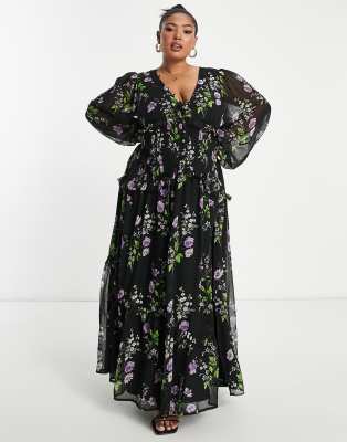 ASOS DESIGN Curve - Robe longue boutonnée effet plissé à fleurs - Noir ...