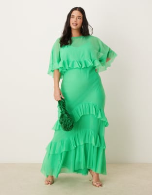 ASOS DESIGN Curve - Robe longue en biais à volants avec superposition cape - Vert vif | ASOS