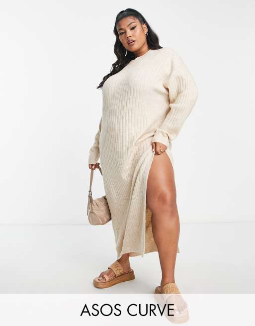 ASOS DESIGN Curve - Robe longue en maille côtelée fendue sur le côté - Grège | ASOS