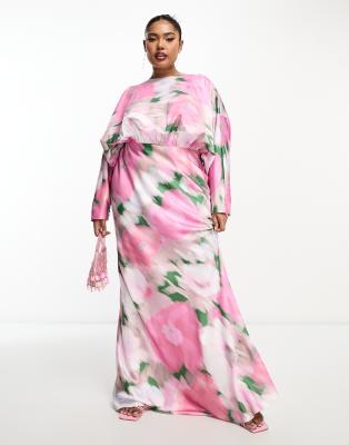 ASOS DESIGN Curve - Robe longue en satin à manches chauve-souris et imprimé fleuri flouté | ASOS