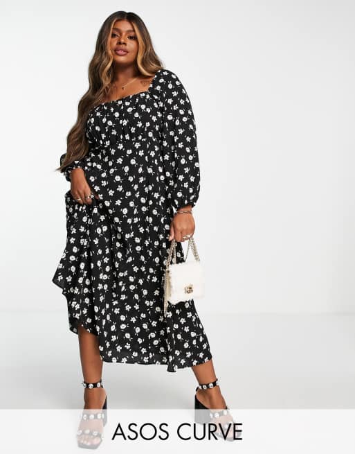 ASOS DESIGN Curve - Robe mi-longue à encolure carrée froncée et imprimé fleuri - Noir et blanc ...