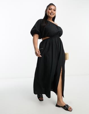 ASOS DESIGN Curve - Robe mi-longue asymétrique en lin - Noir | ASOS