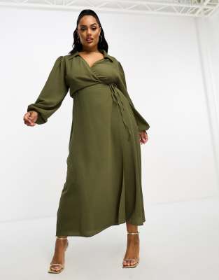 ASOS DESIGN Curve - Robe mi-longue cache-cœur avec col - Kaki | ASOS
