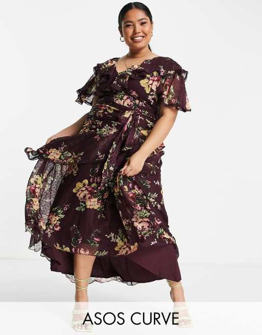 Asos Design Curve Robe Mi Longue Drapée à Fleurs En Mousseline à