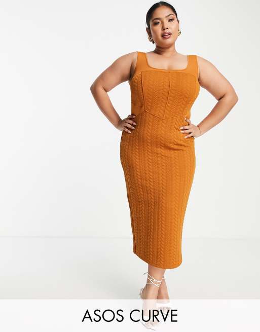 Asos Design Curve Robe Mi Longue En Maille Côtelée à Encolure Carrée