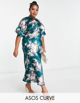 ASOS DESIGN Curve - Robe mi-longue en satin avec corsage bouffant et imprimé fleurs vintage | ASOS