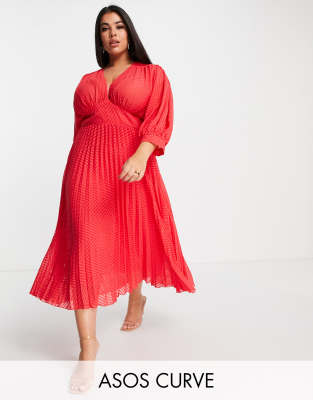 ASOS DESIGN Curve - Robe mi-longue plissée à manches chauve-souris et motif à chevrons - Rouge ...