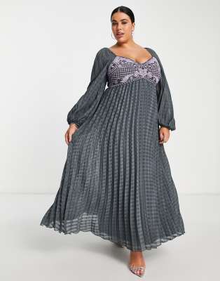 ASOS DESIGN Curve - Robe mi-longue plissée à manches longues avec broderies sur le buste - Gris ...