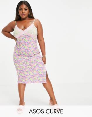 ASOS DESIGN Curve - Robe nuisette mi-longue à bretelles avec bords en dentelle et fleurs variées ...