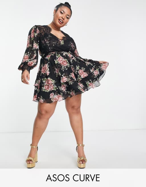 ASOS DESIGN Curve - Robe patineuse courte douce avec imprimé roses et finitions en dentelle ...