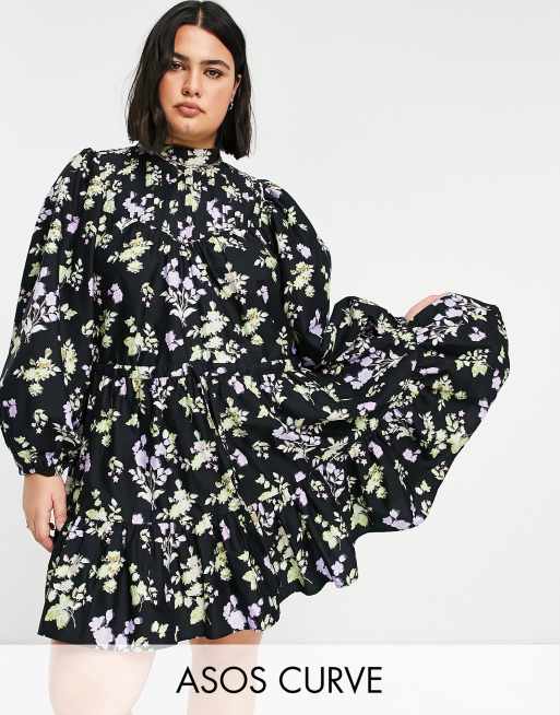 ASOS DESIGN Curve - Robe patineuse courte en popeline de coton à corsage nervuré et imprimé ...