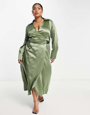 ASOS DESIGN Curve - Robe portefeuille mi-longue satinée avec col et ceinture - Sauge foncé | ASOS