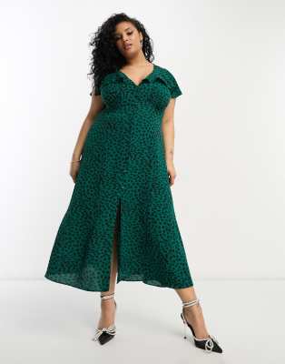 ASOS DESIGN Curve - Robe rétro mi-longue et boutonnée à manches évasées et imprimé animal - Vert ...