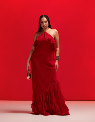 ASOS DESIGN Curve ruffle halter bias cut maxi dress with ruffle hem in ...