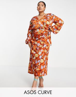 ASOS DESIGN Curve - Satijnen maxi-jurk met overslag in jaren 70 bloemenprint | ASOS