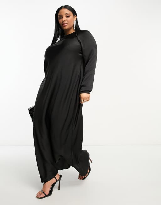 ASOS DESIGN Curve satin biased maxi dress with button detail in black ...