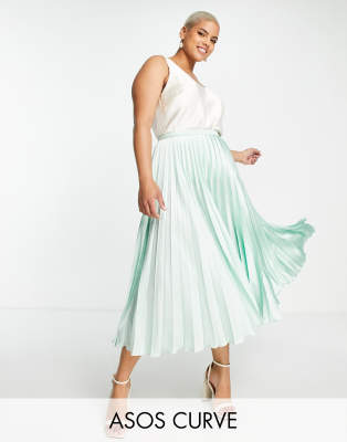 ASOS DESIGN Curve satin pleated midi skirt in mint green | ASOS