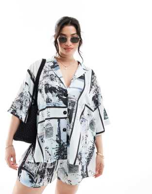 ASOS DESIGN Curve satin revere co-ord shirt in newspaper print | ASOS