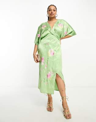 ASOS DESIGN Curve satin wrap front kimono sleeve embroidered midi dress in green | ASOS