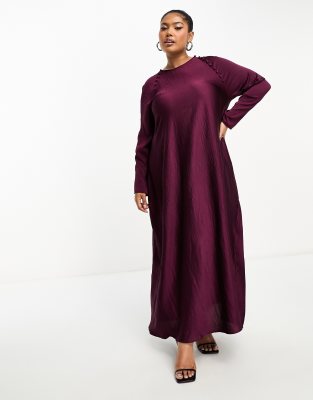 ASOS DESIGN Curve - Schuingesneden maxi jurk van satijn met knoopdetail in bordeauxrood | ASOS