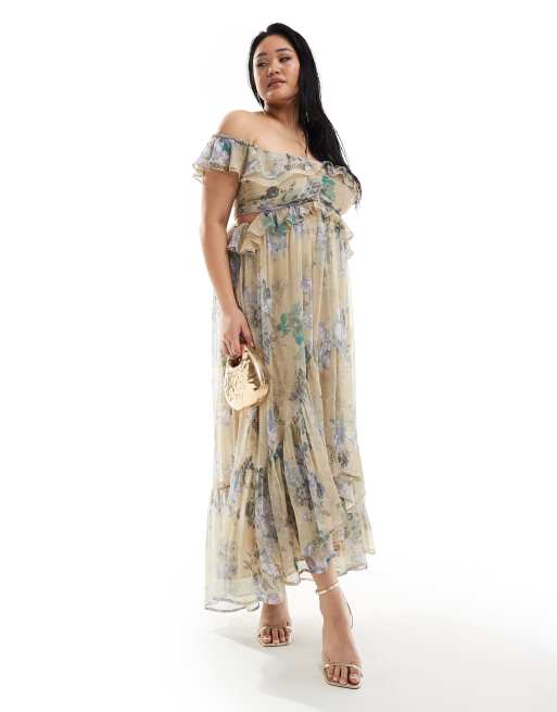 Asos Design Curve Schulterfreies Maxikleid Mit Blumenmuster In Grün