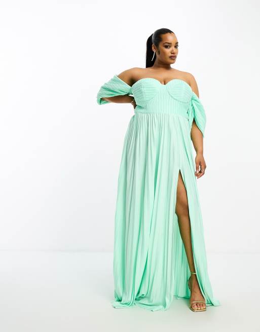 Asos Design Curve Schulterfreies Plissiertes Maxikleid In Salbeigrün