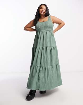 ASOS DESIGN Curve scoop neck shirred maxi sundress in khaki | ASOS