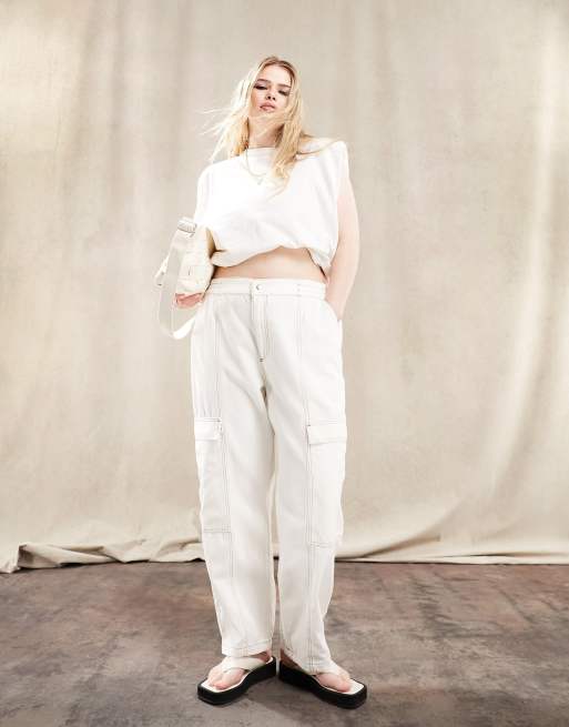Asos Design Curve Seam Detail Cargo Pants In Ecru With Contrast Stitch