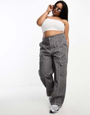ASOS DESIGN Curve seam detail cargo trouser in grey with contrast ...