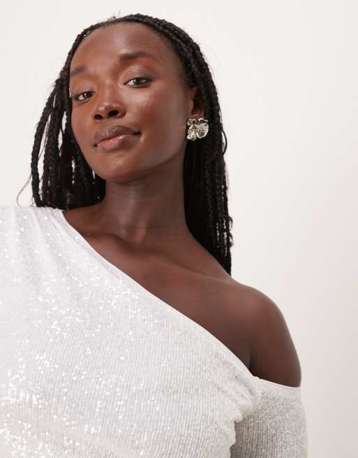 ASOS DESIGN Curve sequin ruched asymmetric neck top in white | ASOS