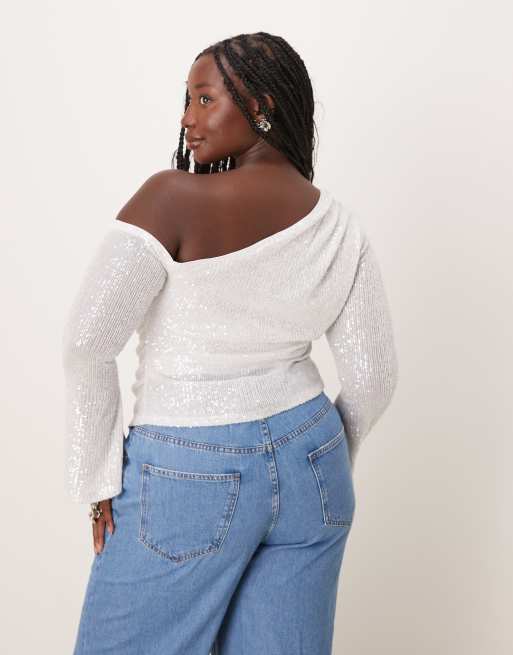 ASOS DESIGN Curve sequin ruched asymmetric neck top in white | ASOS