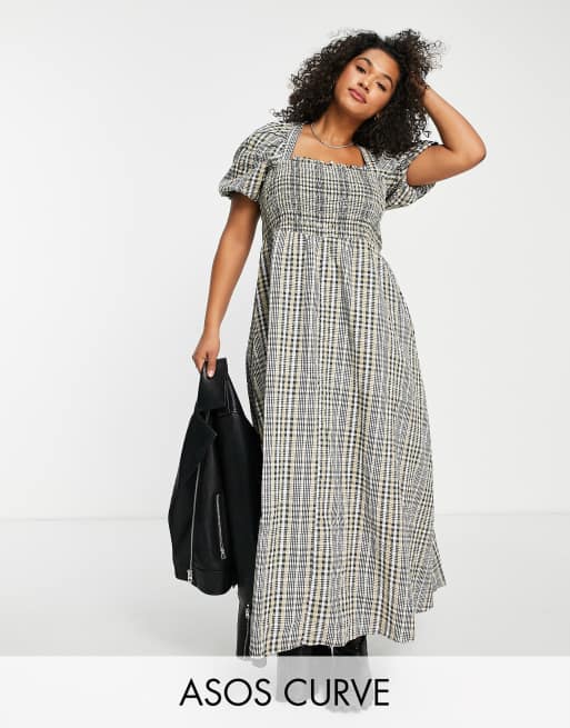 ASOS DESIGN Curve shirred bustier maxi dress with puff sleeve in seersucker in check | ASOS