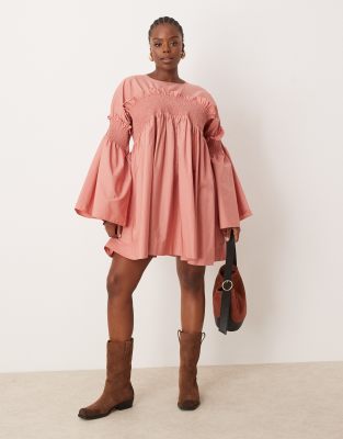 ASOS DESIGN Curve shirred cotton mini dress with flare sleeve in rose | ASOS