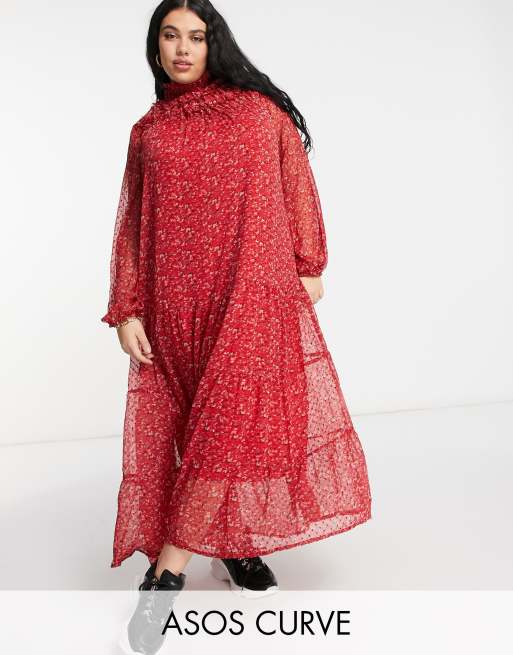 ASOS DESIGN Curve shirred neck swing maxi smock dress in floral printed dobby | ASOS