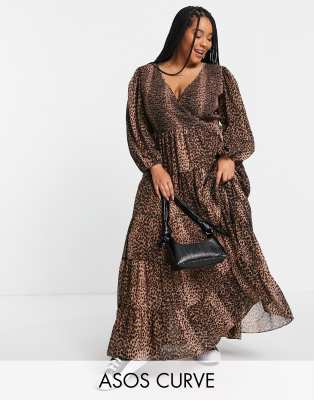 ASOS DESIGN Curve shirred wrap tiered skirt maxi dress in animal print ...