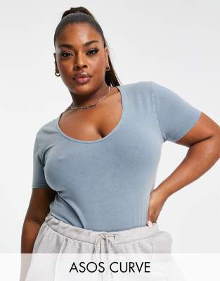 ASOS DESIGN Curve short sleeve washed bodysuit in blue | ASOS