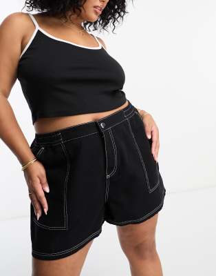 ASOS DESIGN Curve slim cargo shorts with contrast stitch in black | ASOS