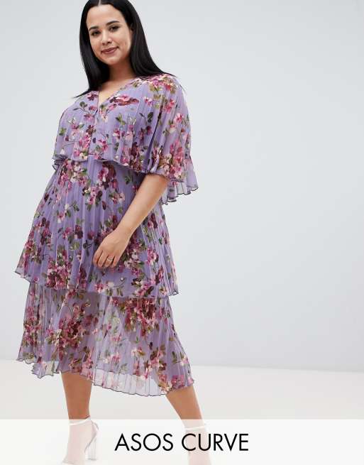 Asos Design Curve Soft Pleated Tiered Midi Dress In Lilac Floral Asos