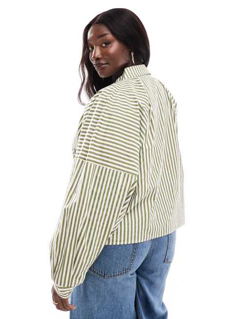 ASOS DESIGN Curve spliced volume shirt in olive & white | ASOS