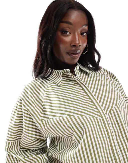 ASOS DESIGN Curve spliced volume shirt in olive & white | ASOS
