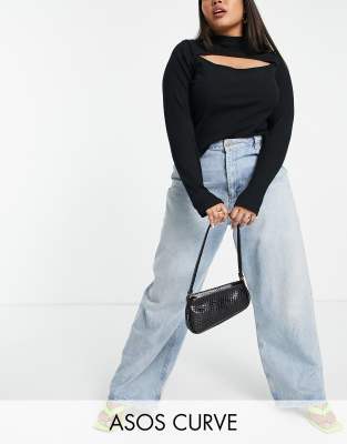 ASOS DESIGN Curve split front long sleeve top with high neck in black ...